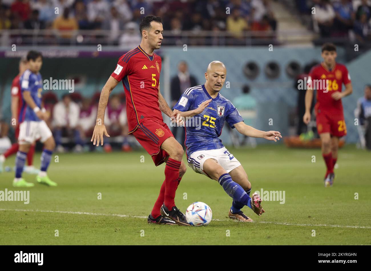 Rome, Qatar: December 1, 2022, Sergio Busquets of Spain, Daizen Maeda ...
