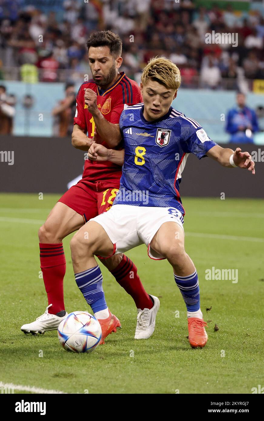 Ar-Rayyan, Qatar - 01/12/2022, Ritsu Doan of Japan, Jordi Alba of Spain ...