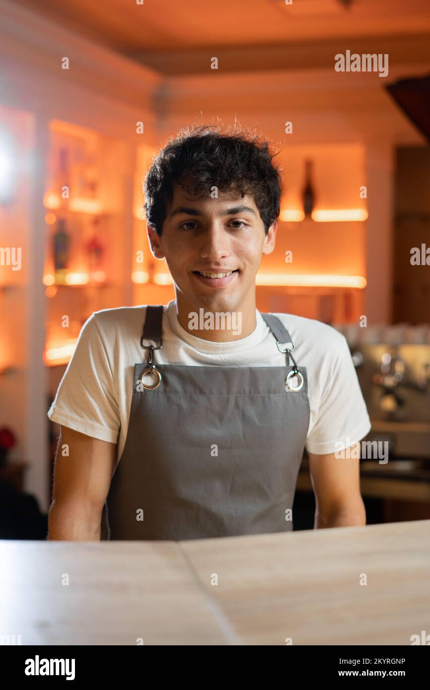 Smiling bartender in apron standing behind bar counter, blurred bottle ...