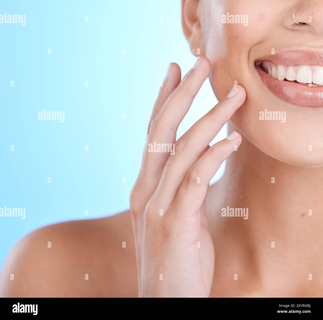 Beauty, face and skin, woman and skincare with hand for manicure ...