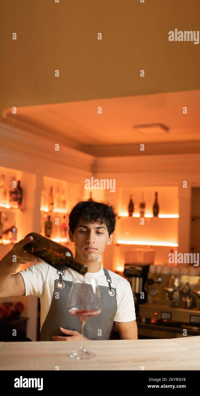 Bartender pouring red wine into a glass. Hospitality, beverage and wine ...
