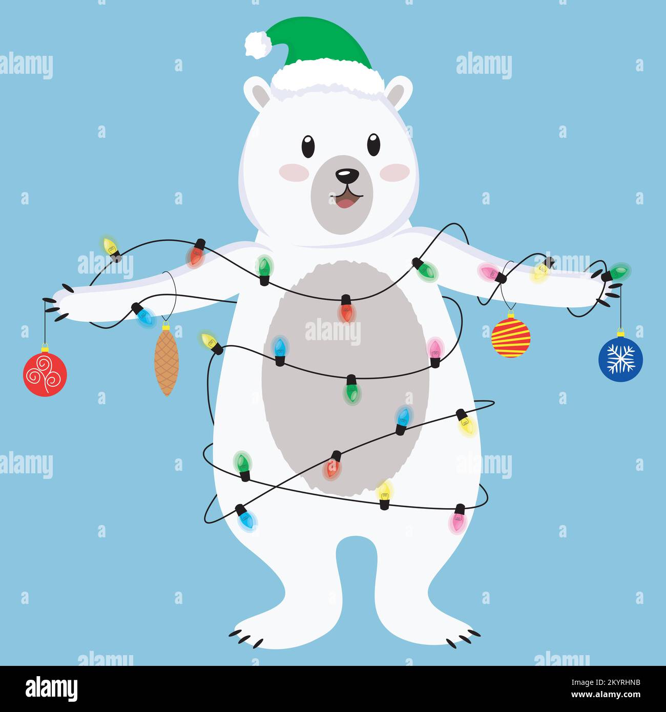 christmas character of white bear wearing in green hat and garland with ...