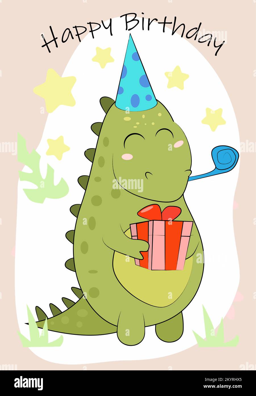 Cute cartoon dinosaur celebrates his birthday in illustration Stock ...