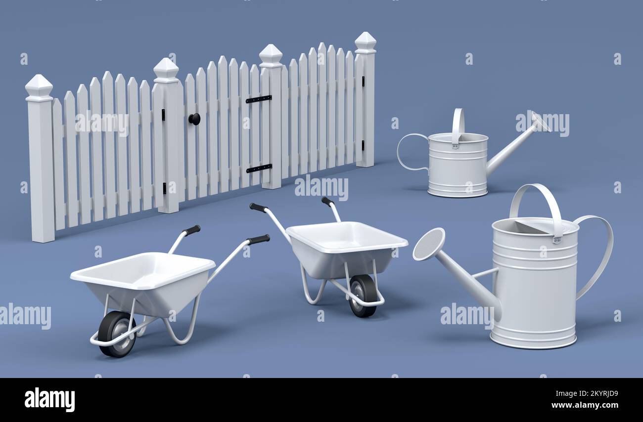 Garden wheelbarrow with garden tools like shovel, rake and fork on grey ...