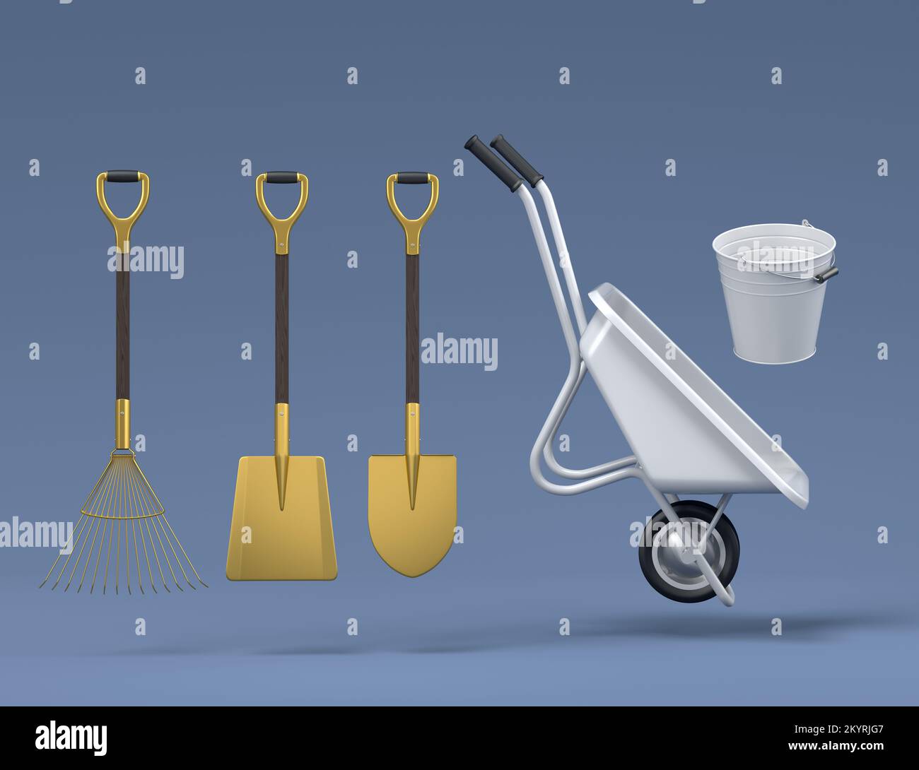 Garden wheelbarrow with garden tools like shovel, rake and fork on grey ...