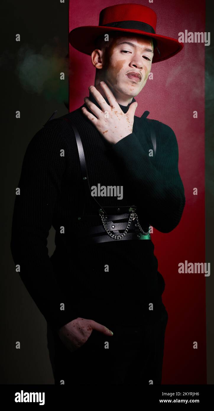 Fashion, stylish and portrait of man model posing in studio with luxury ...