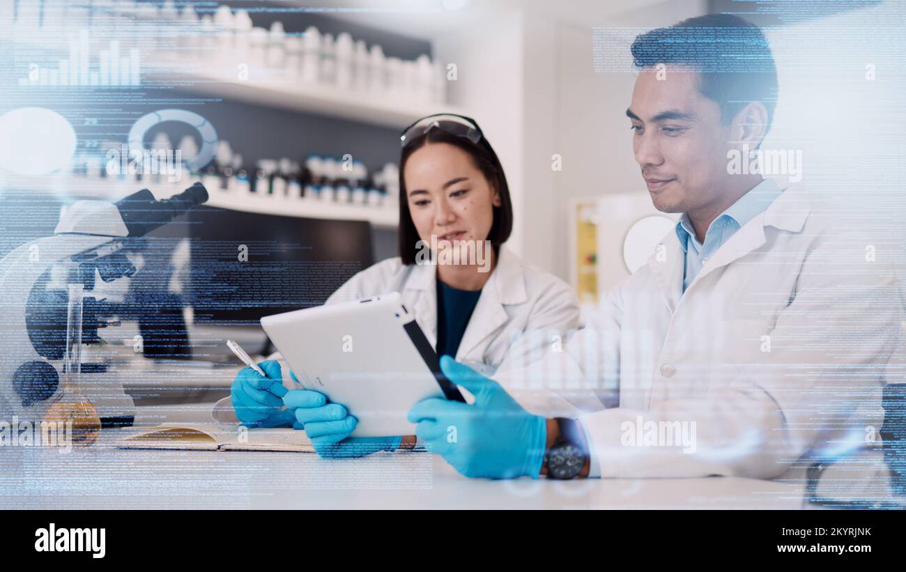 Science, tablet and people in data research overlay of pharmaceutical, future or software ...