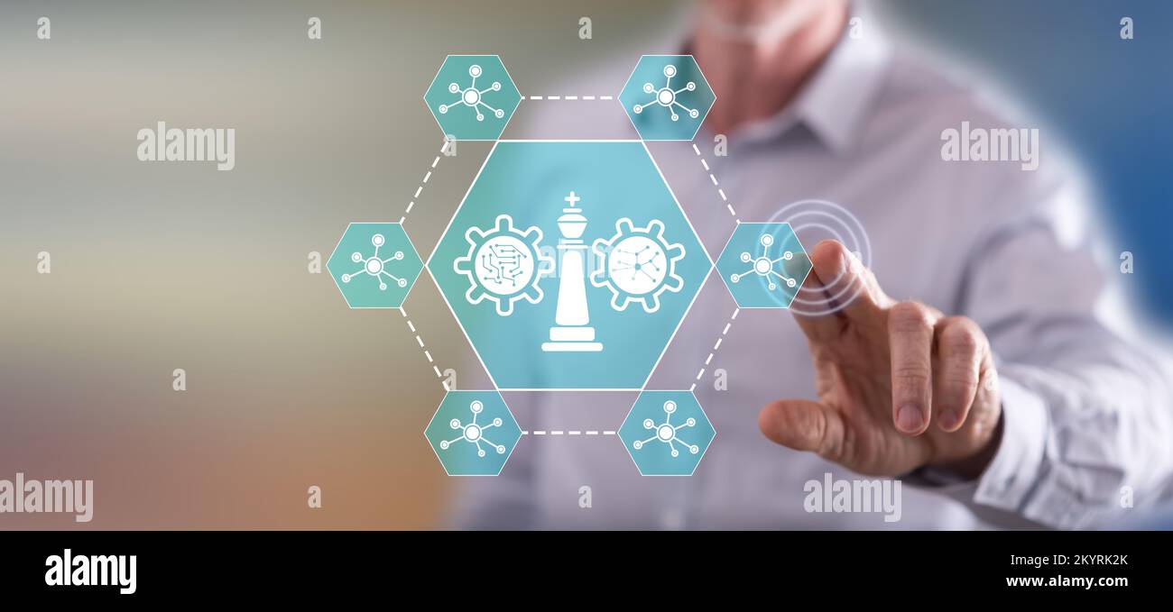 Man touching a digital strategy concept on a touch screen with his ...