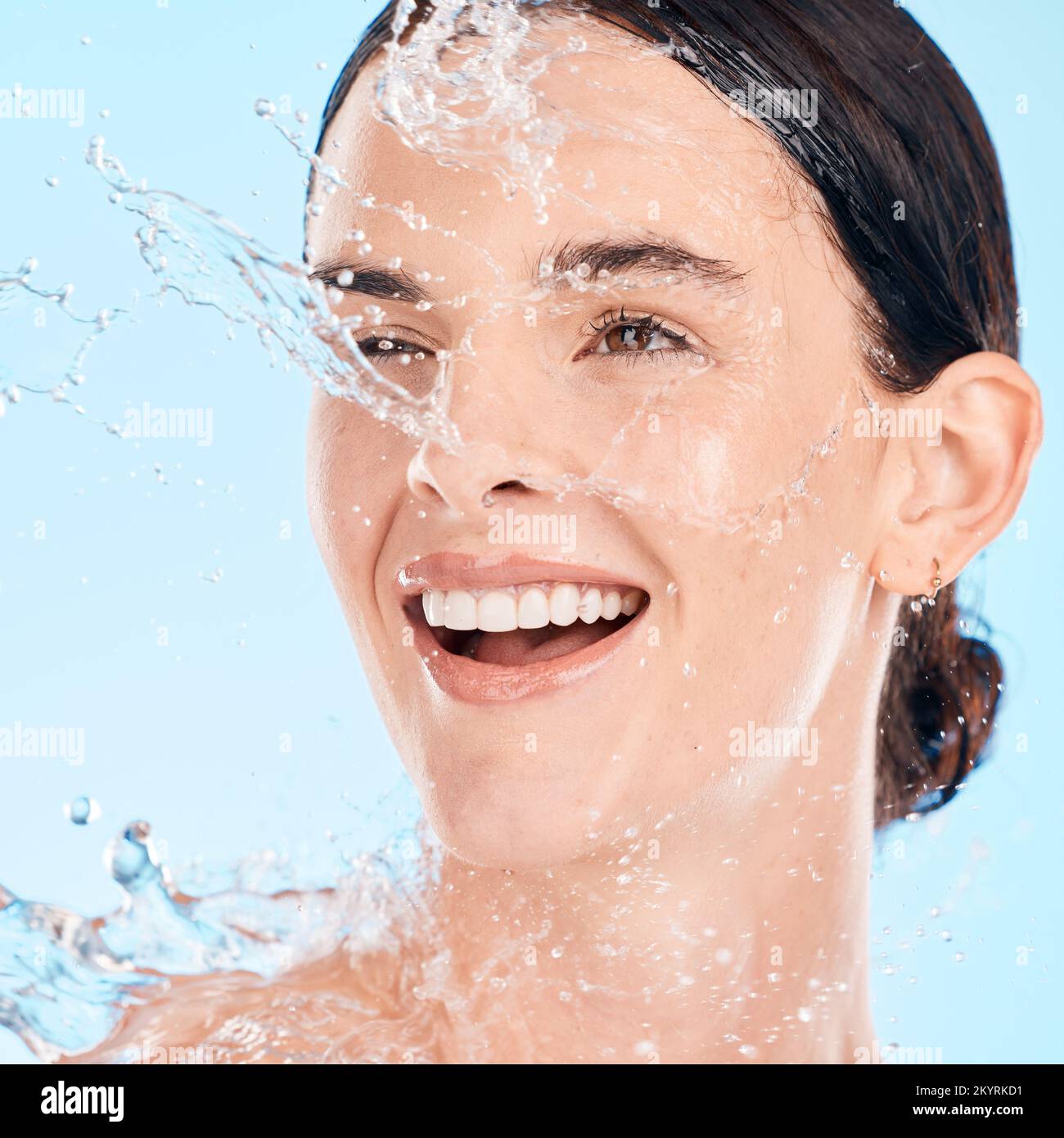 Face, woman and water for skincare, natural beauty and organic facial ...