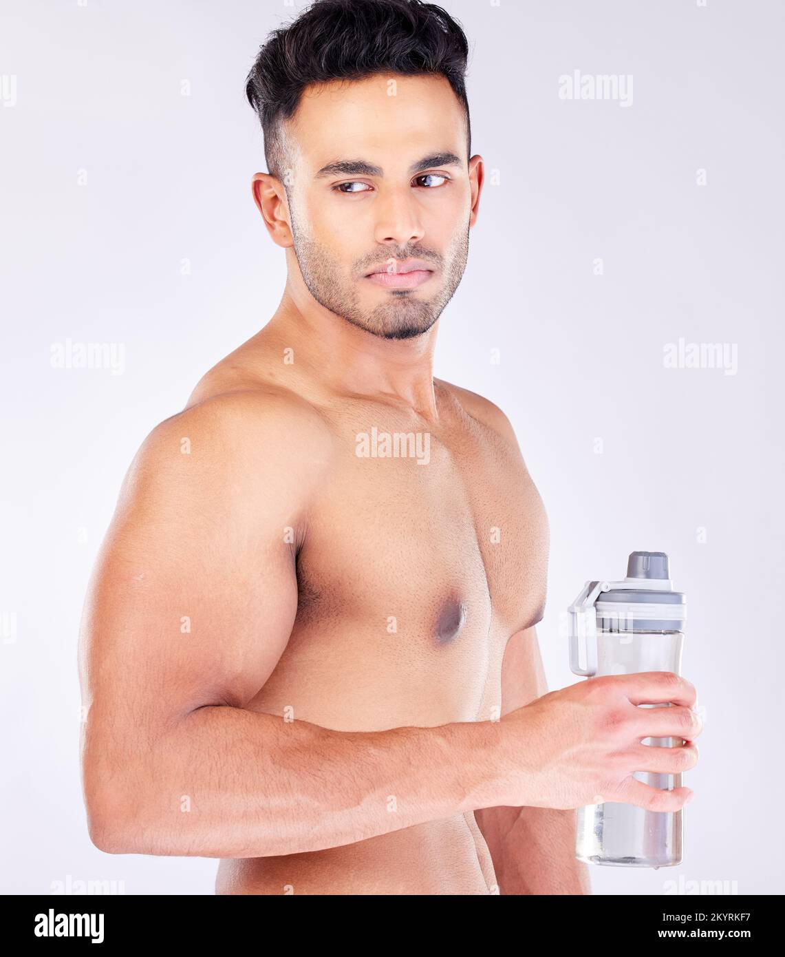 Fit, strong and workout break and water bottle with a man ready to ...