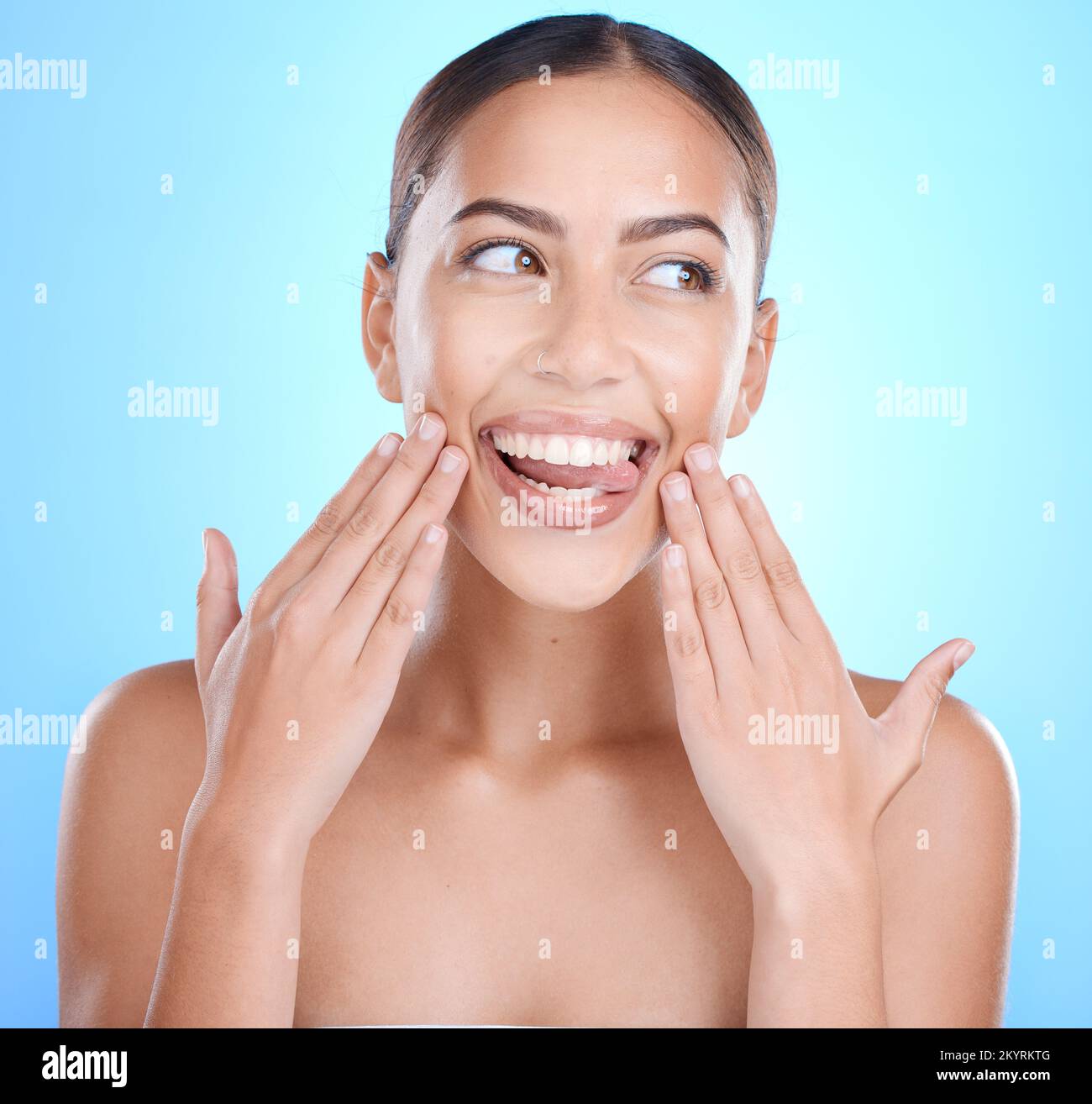 Face, hands and woman tongue for skincare beauty wellness, luxury spa ...