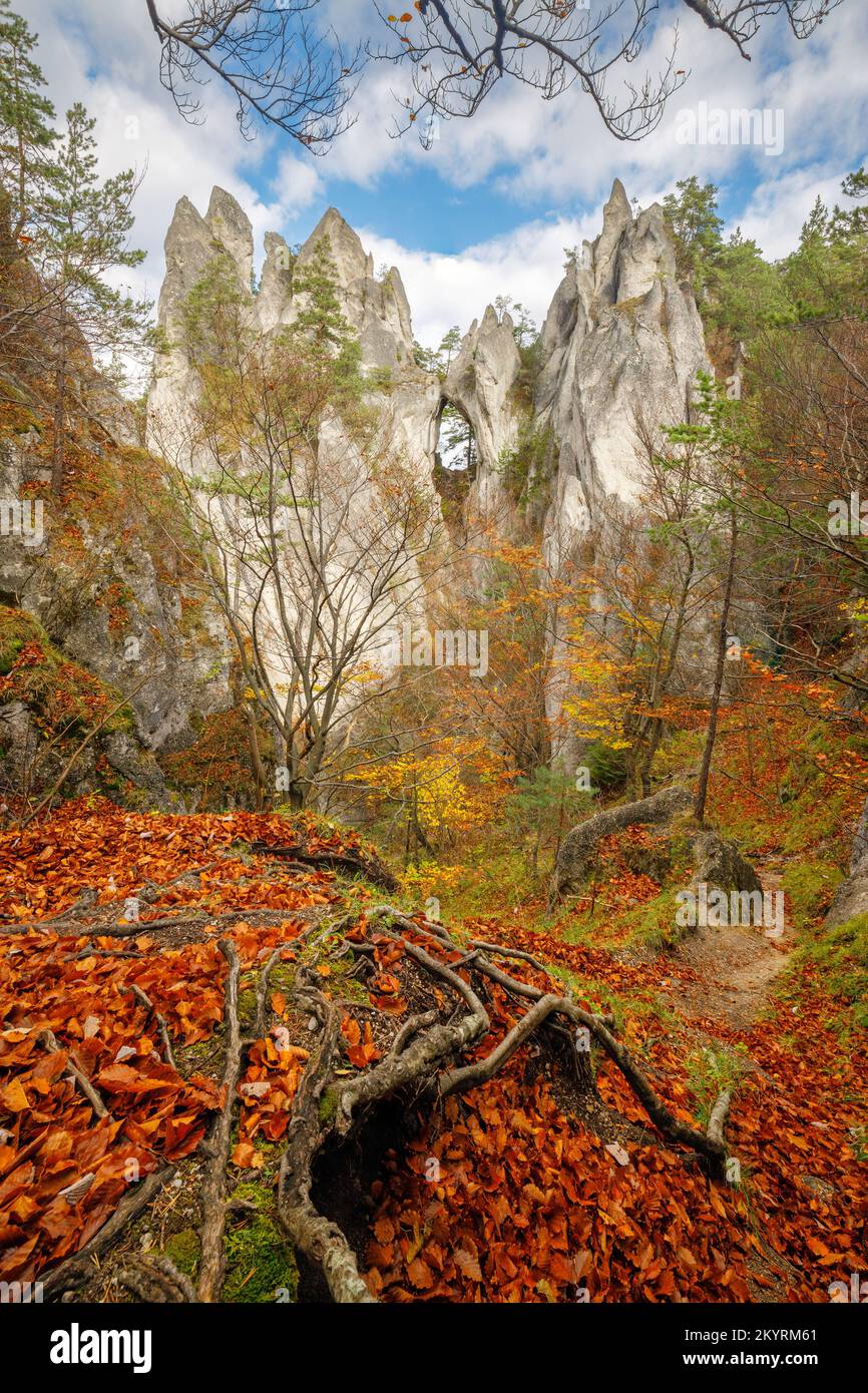 Autumn mountain landscape with rocky gate. The Sulov Rocks, national ...