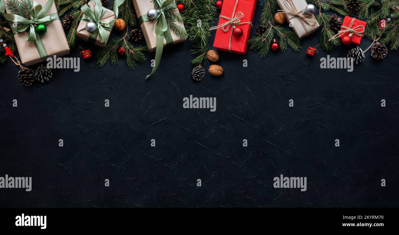Christmas banner with many gift boxes with paper decorations on blue ...
