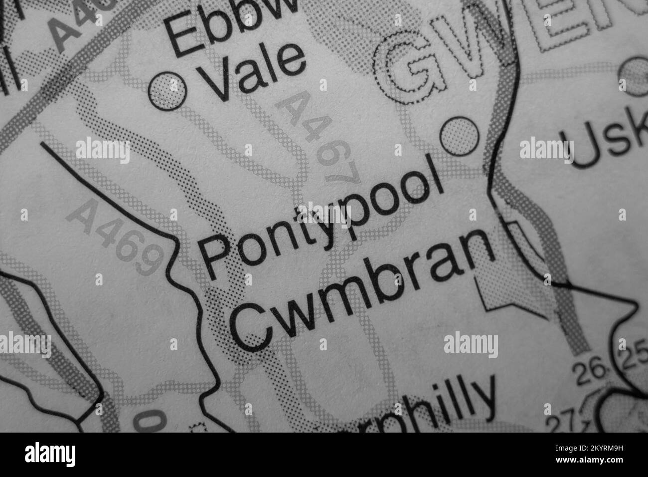 Pontypool, United Kingdom atlas map town name - black and white Stock ...