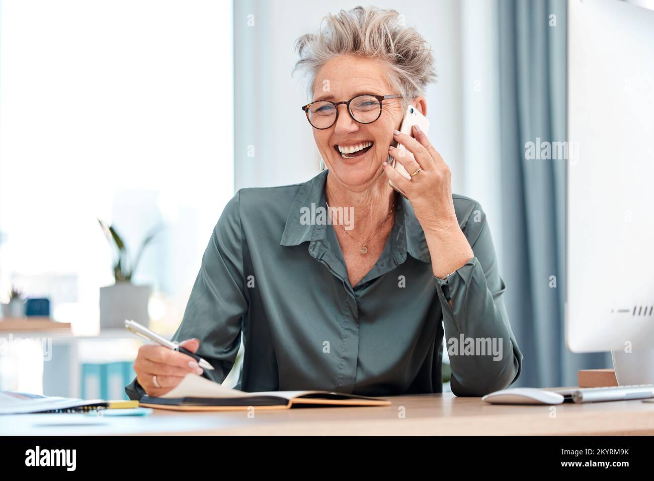 Business woman, phone call and conversation for connection, smile and ...
