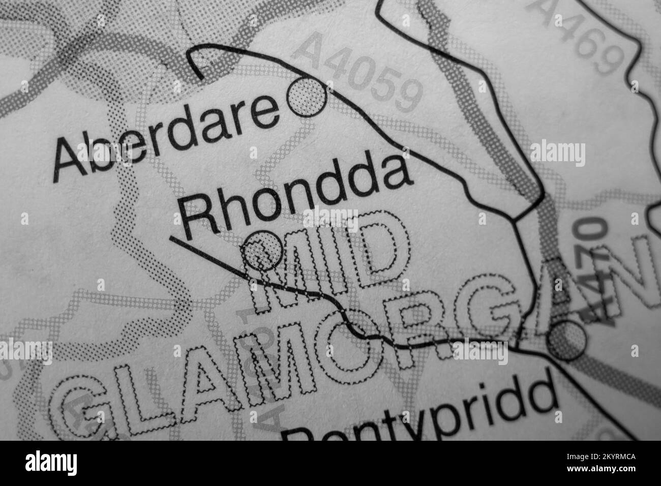 Rhondda, United Kingdom atlas map town name - black and white Stock ...