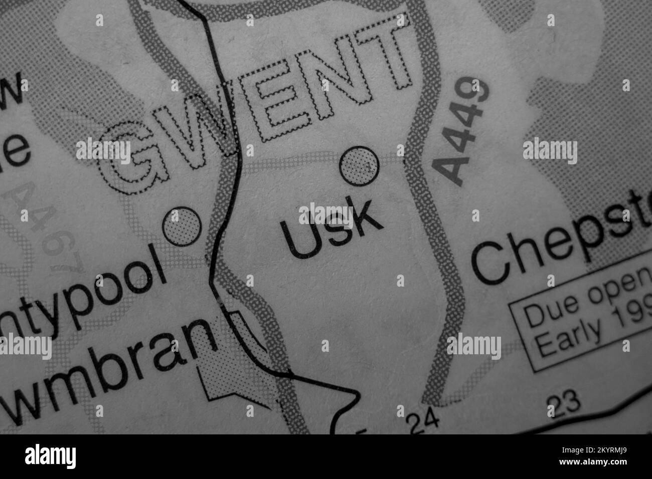 Usk, United Kingdom atlas map town name - black and white Stock Photo ...