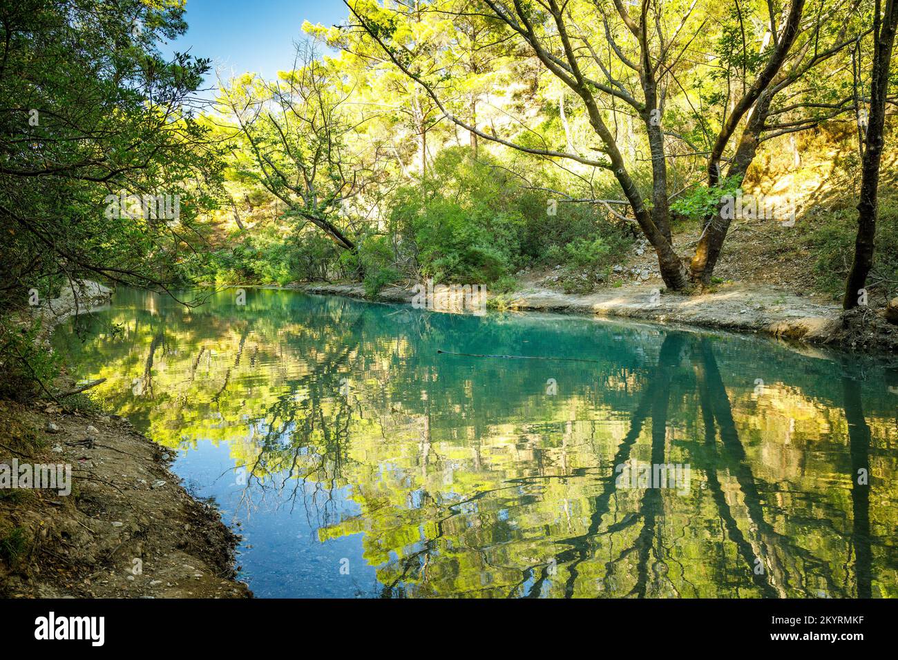 Lake in The seven springs waterfall forest area in the island of Rhodes ...