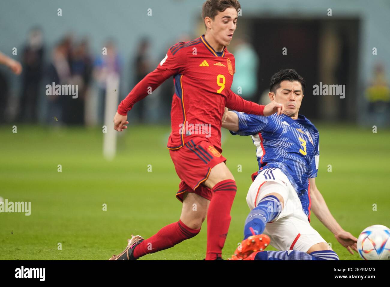Shogo Taniguchi (3) of Japan and Gavi (9) of Spain during the FIFA ...