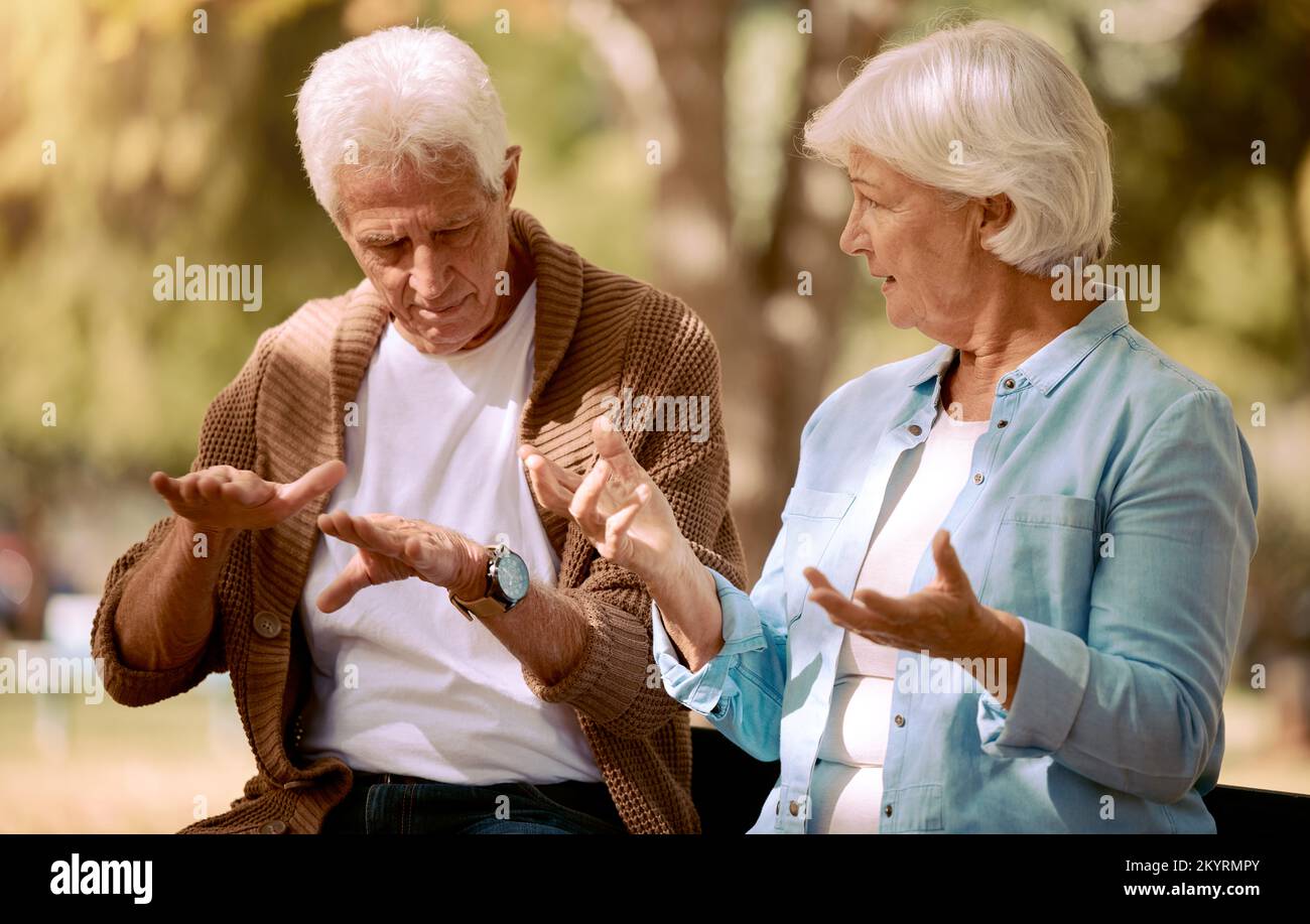 Senior couple, love and hands in sign language communication in nature ...