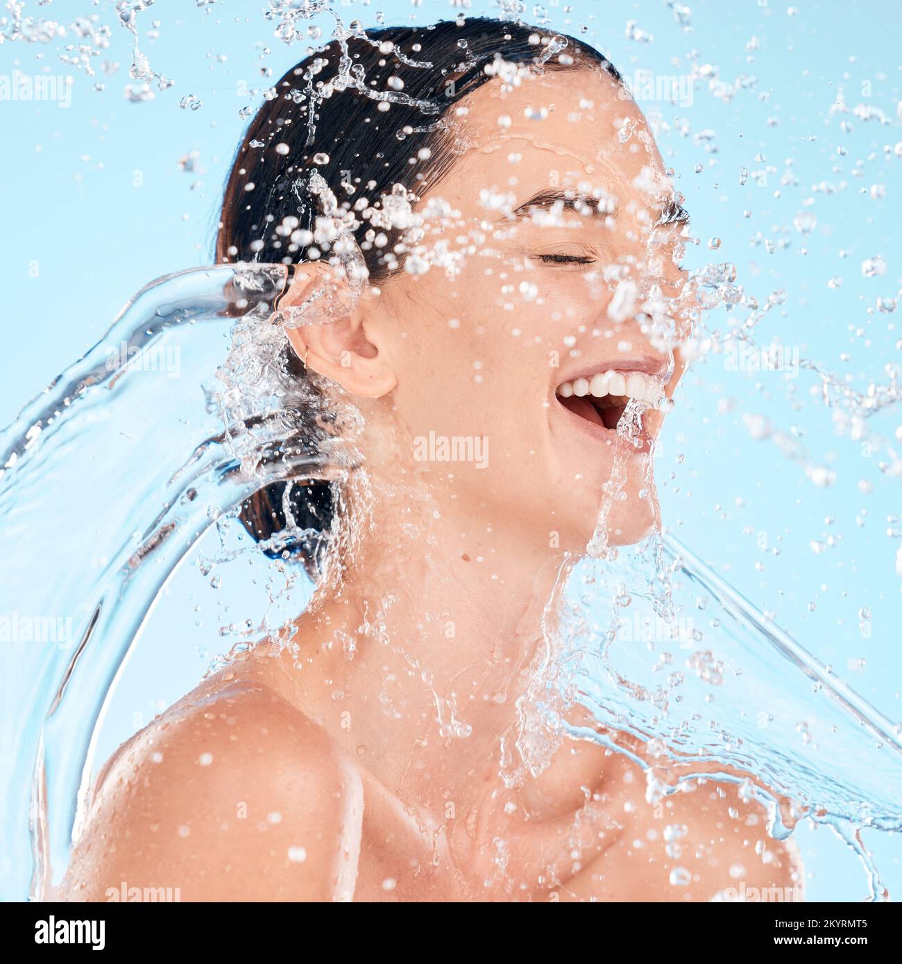 Skincare Facial And Woman With Water Beauty Or Splash In Shower For