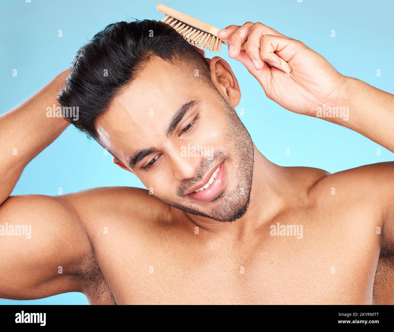 Hair care, beauty and man brushing hair, marketing barber and salon ...