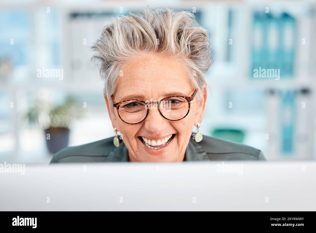 Happy, email and senior business woman networking, planning and reading ...