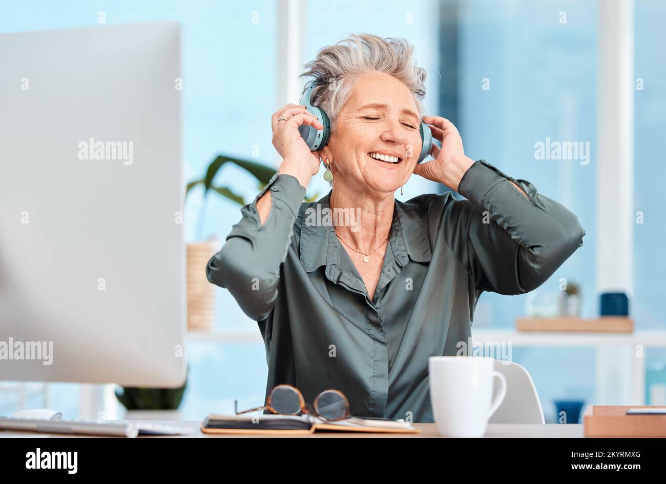 Office music, relax and business woman with audio headphones, podcast ...