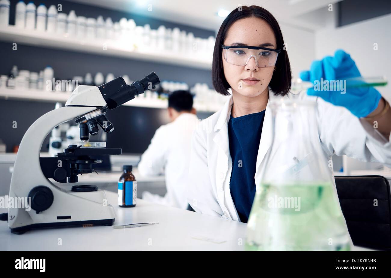 Lab, medical science and asian woman with beaker for chemistry ... Lab, medical science and asian woman with beaker for chemistry ...