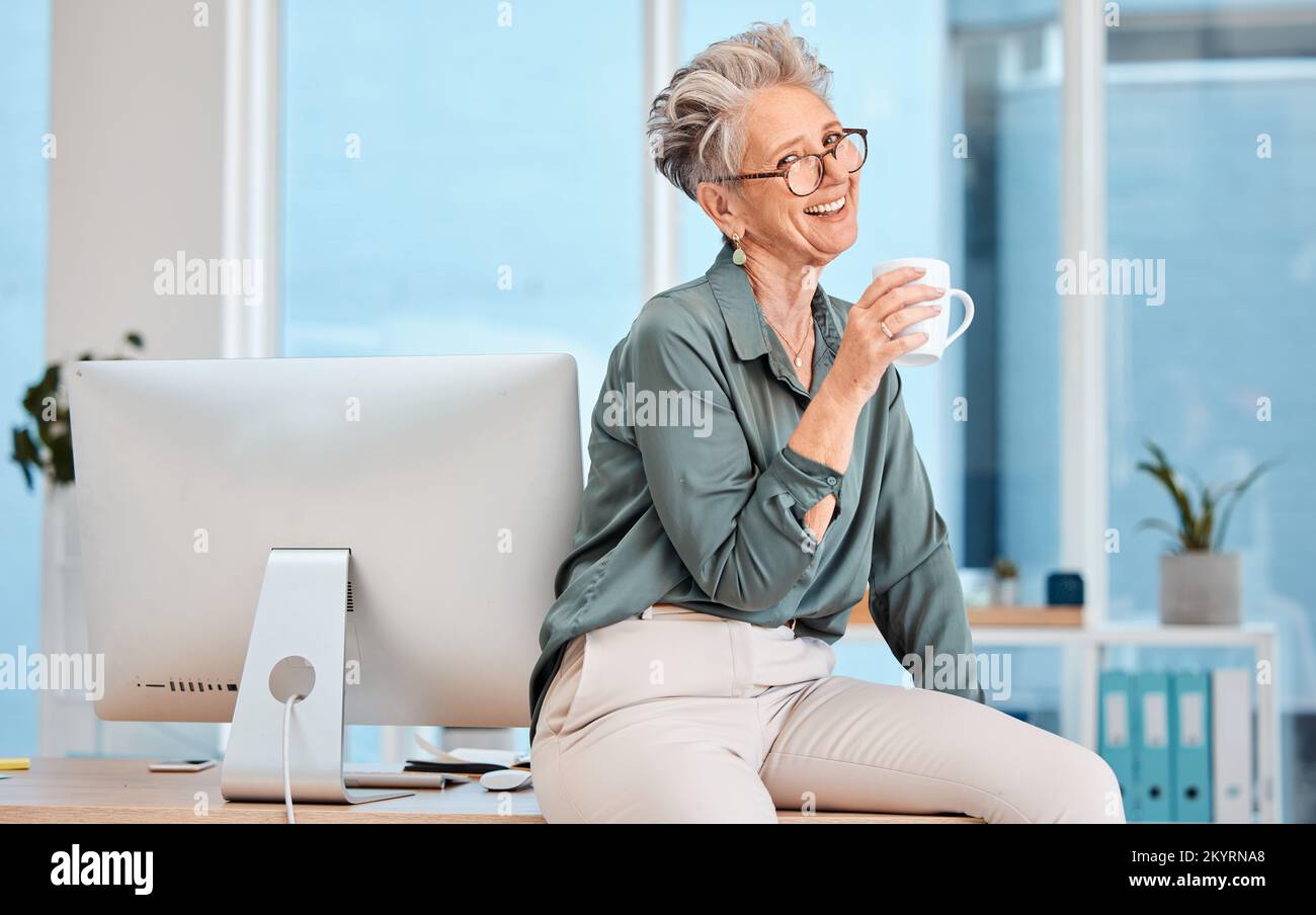 Office, coffee break and portrait of woman boss happy with business ...