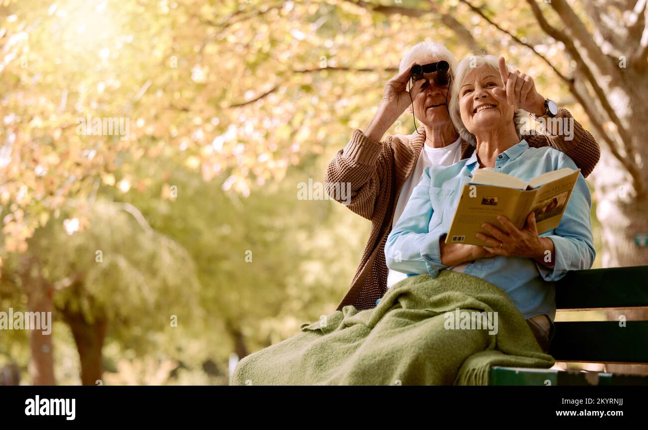 Retirement, relax and couple on bench at park in New York, USA for ...