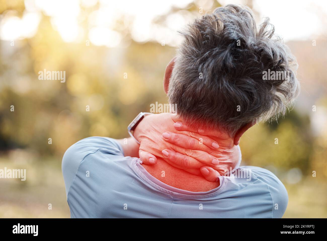 Woman, neck pain and hands on red injury after exercise, running and ...