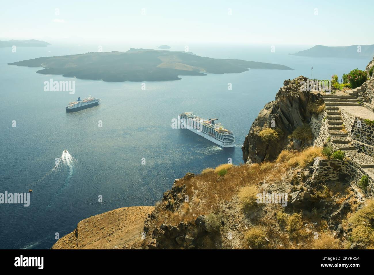 Santorini, Greece - September 16, 2022 : Panoramic view of two cruise ...