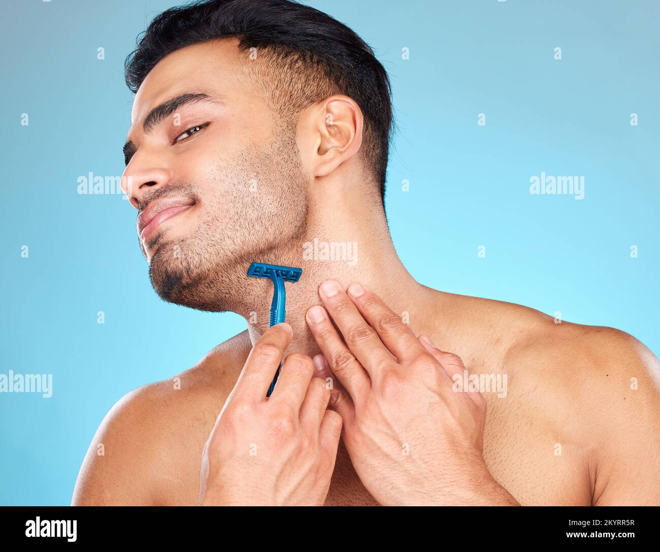 Man shaving, razor and grooming beard or facial hair for self care, skincare and body wellness ...