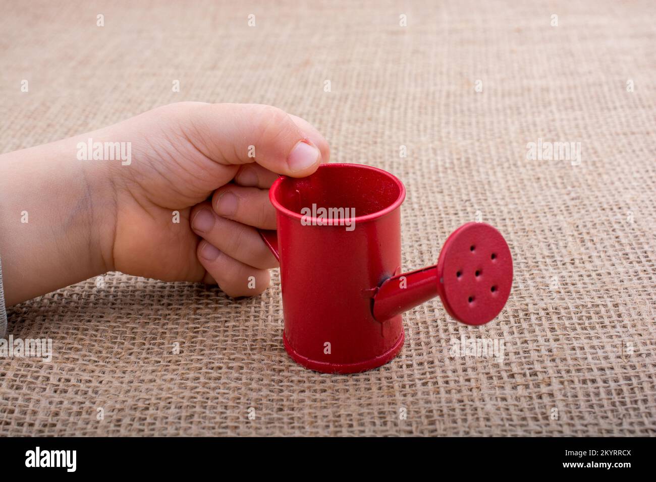 Hand holding a watering can on a canvas background Stock Photo - Alamy