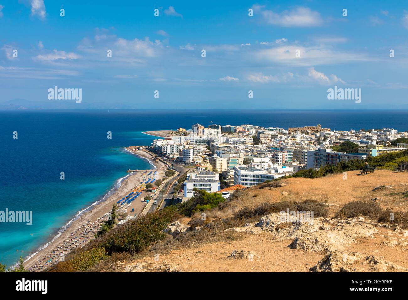 Aerial view of Rhodes city island with skyscrapers and the famous Elli ...