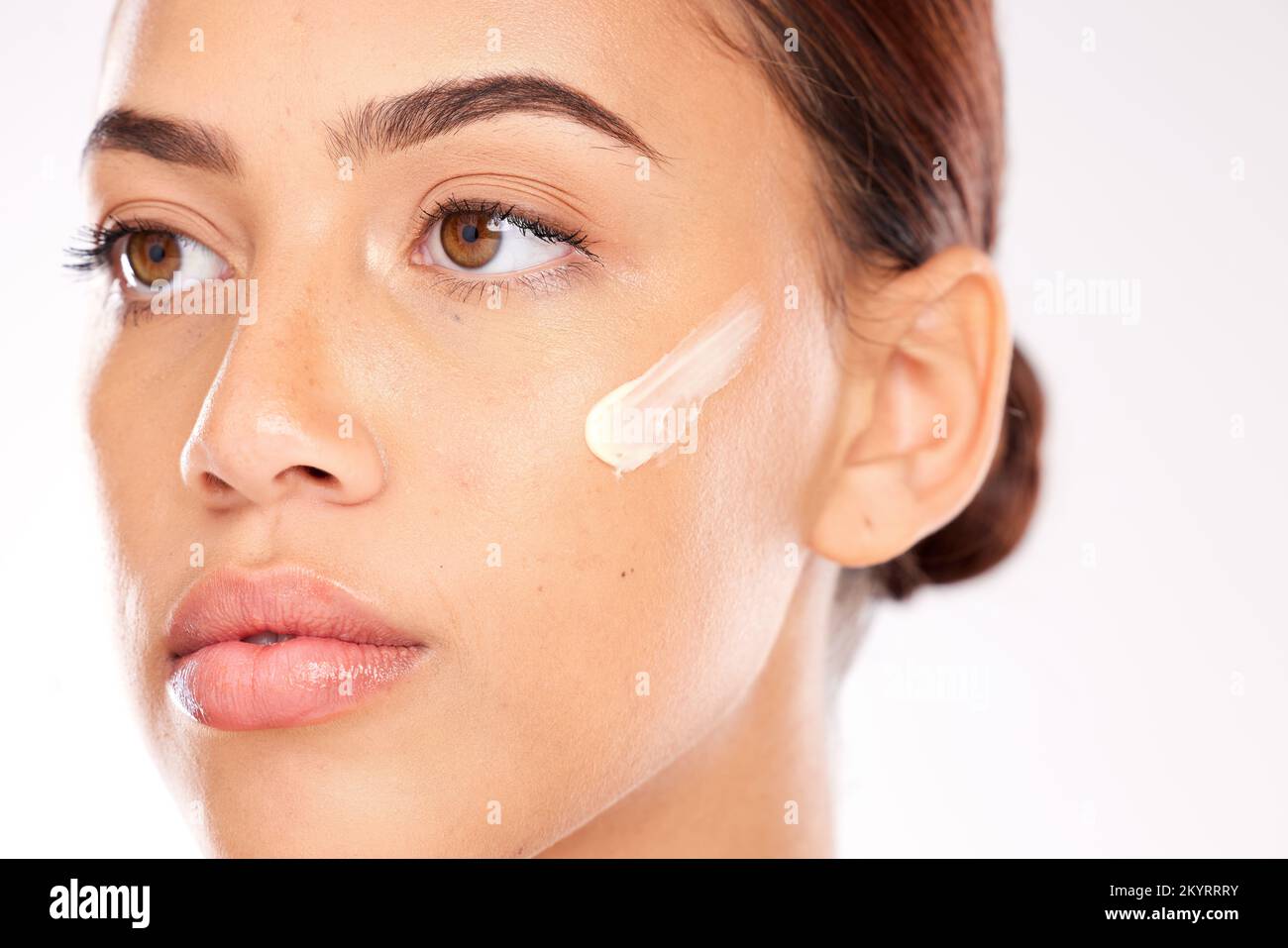 Woman, face and beauty cream for sunscreen makeup product, luxury ...