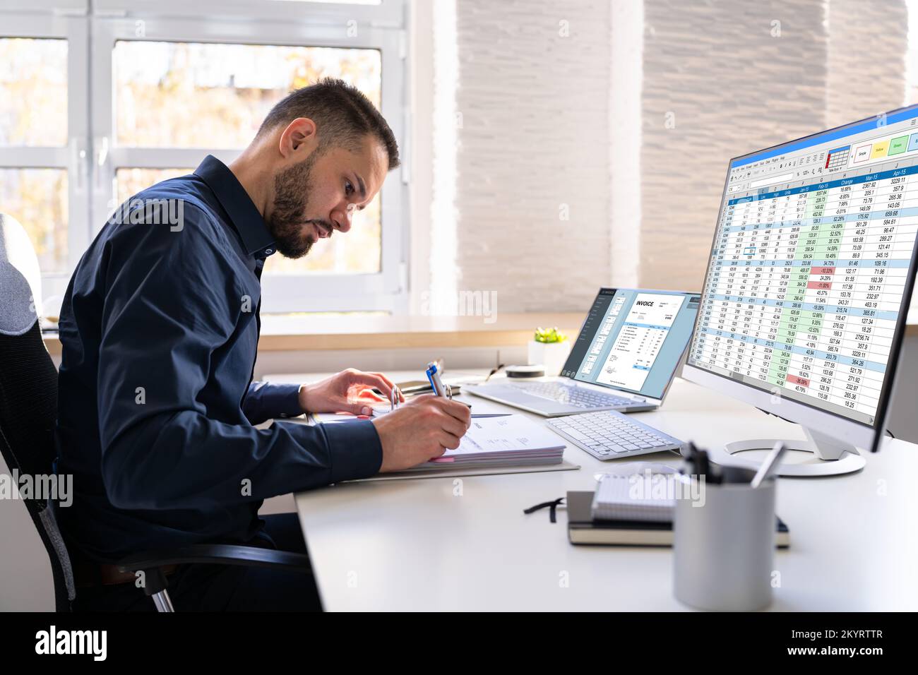 Analyst Working With Spreadsheet On Computer Screen Stock Photo - Alamy