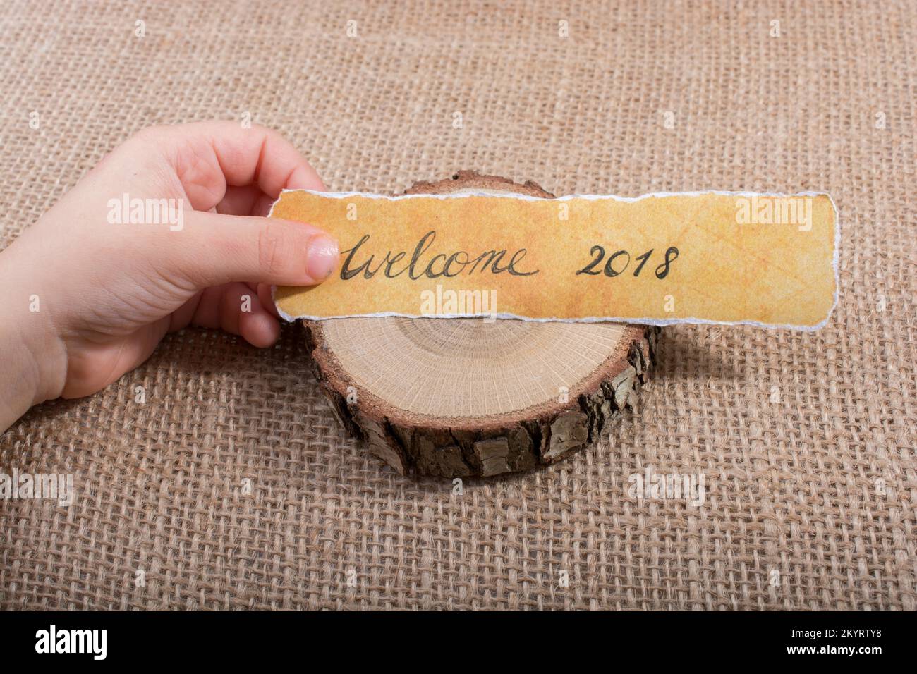 Welcome 2018 written on a torn paper on piece of log Stock Photo - Alamy