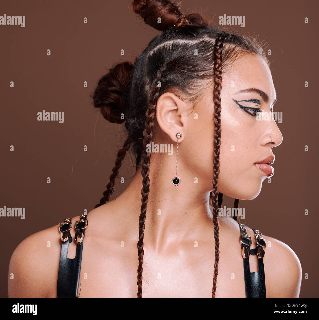 Punk, fashion and woman with creative cosmetics, hair style and makeup ...