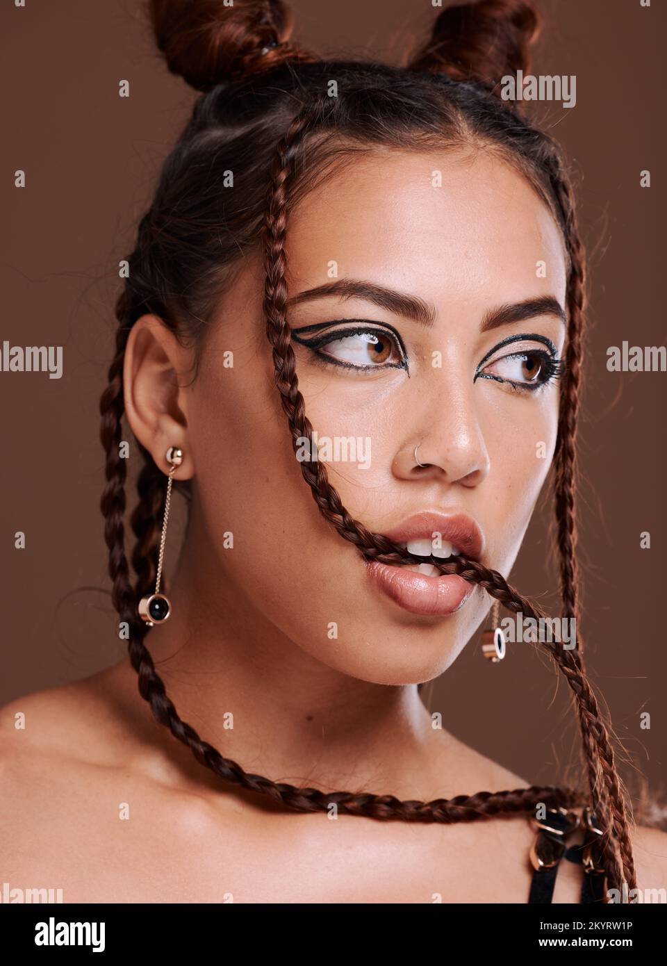 Makeup Hair And Woman Biting Braid With Edgy Hairstyle And Beauty On A