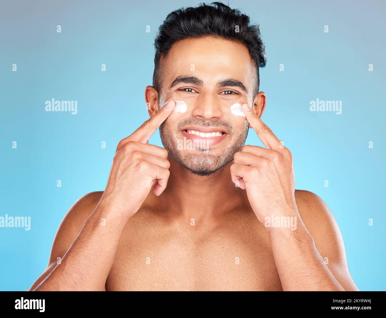 Skincare, eye cream and portrait of man for facial cosmetics, hygiene products or sunscreen in ...