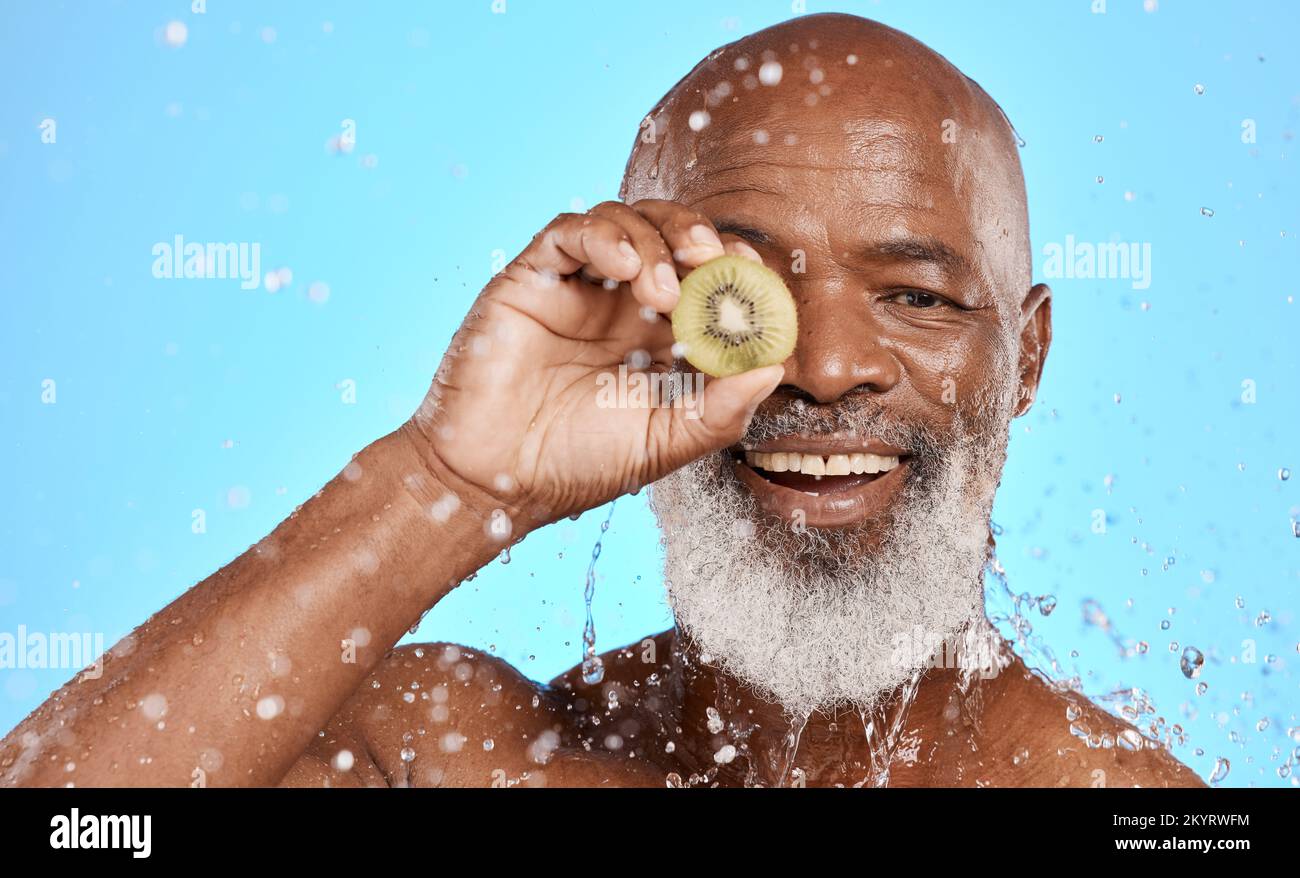 Kiwi, black man and cosmetics for wellness, spa and water splash for skincare, smile and body ...