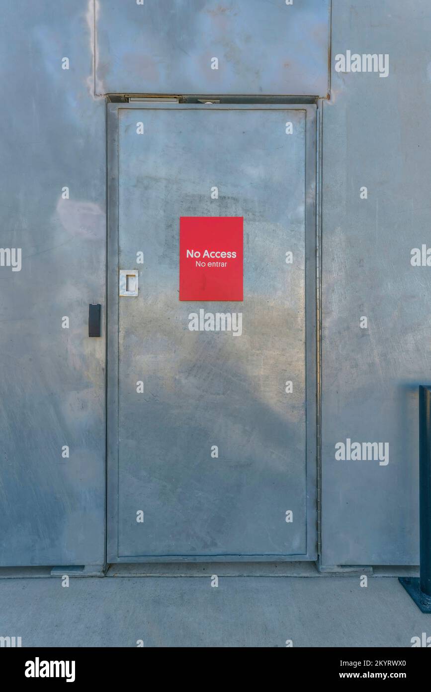 Bright red No Access signage on a shiny door at Waterloo Park Austin ...