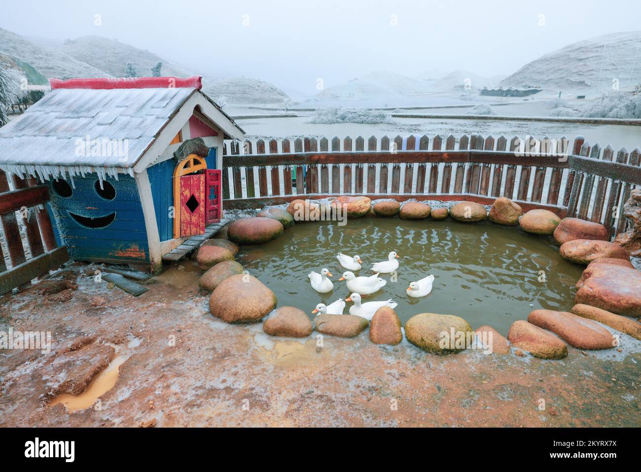 Aerial photo shows the snow scenery of Yangtianhu Scenic Area in Beihu ...