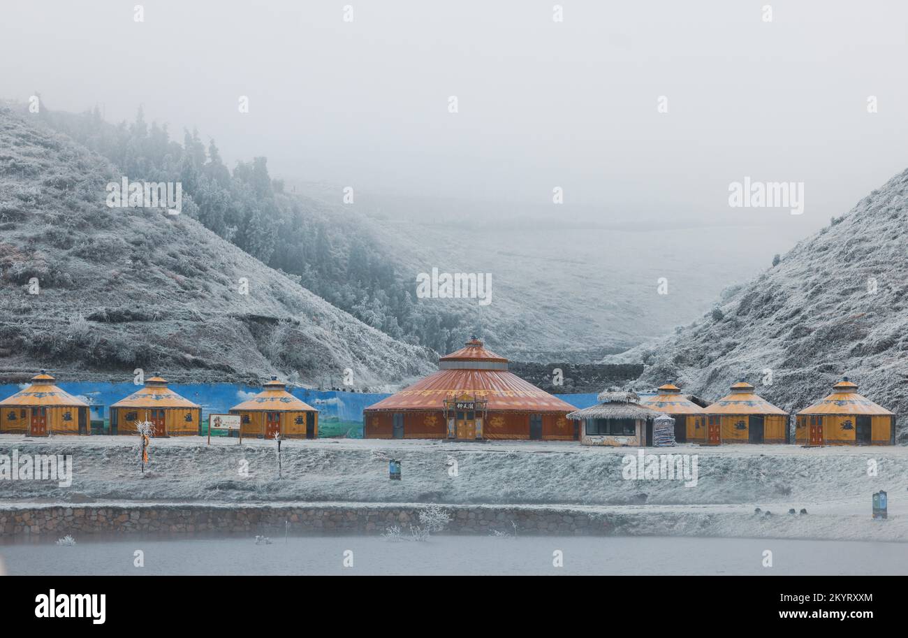Aerial photo shows the snow scenery of Yangtianhu Scenic Area in Beihu ...