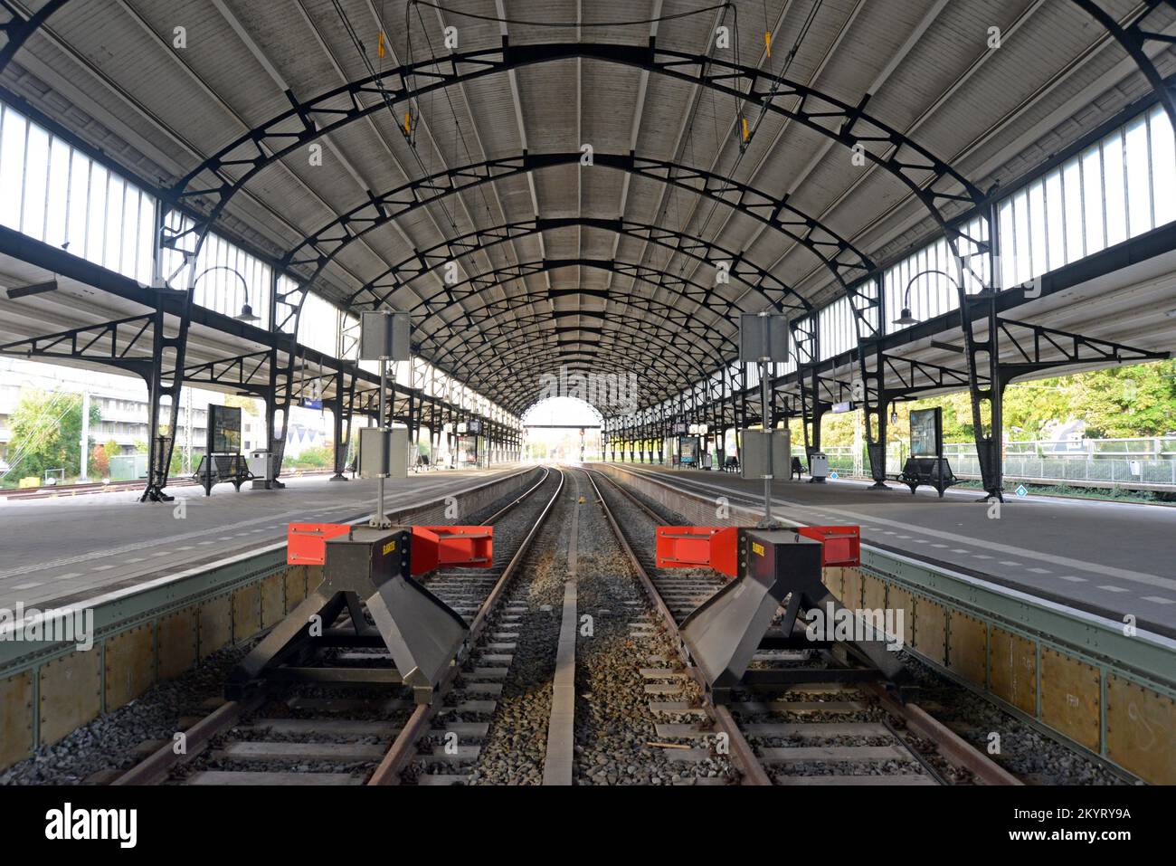 Buffer stops and station platform and canopy of the only Art Nouveau ...