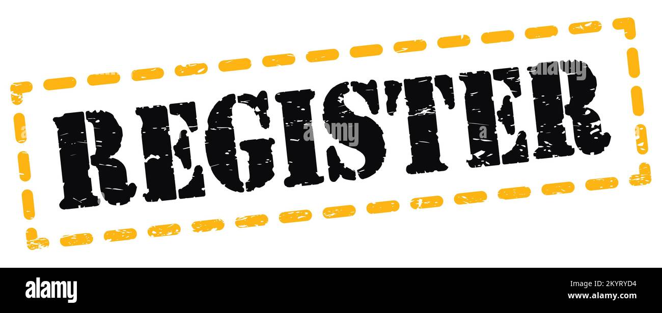 REGISTER text written on yellow-black dash stamp sign Stock Photo - Alamy