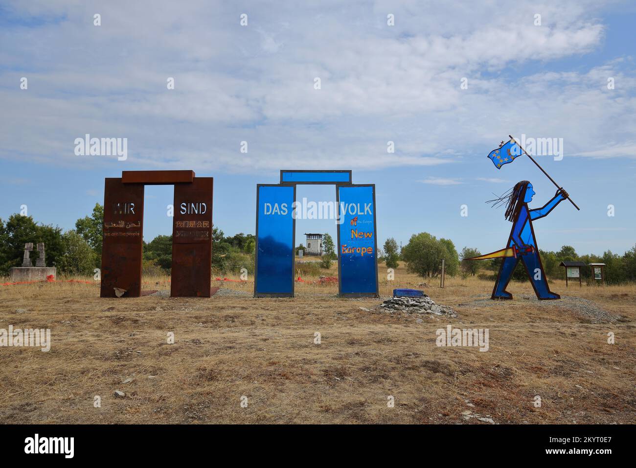 Sculpture with inscription We are the people and blue Indian, saying ...