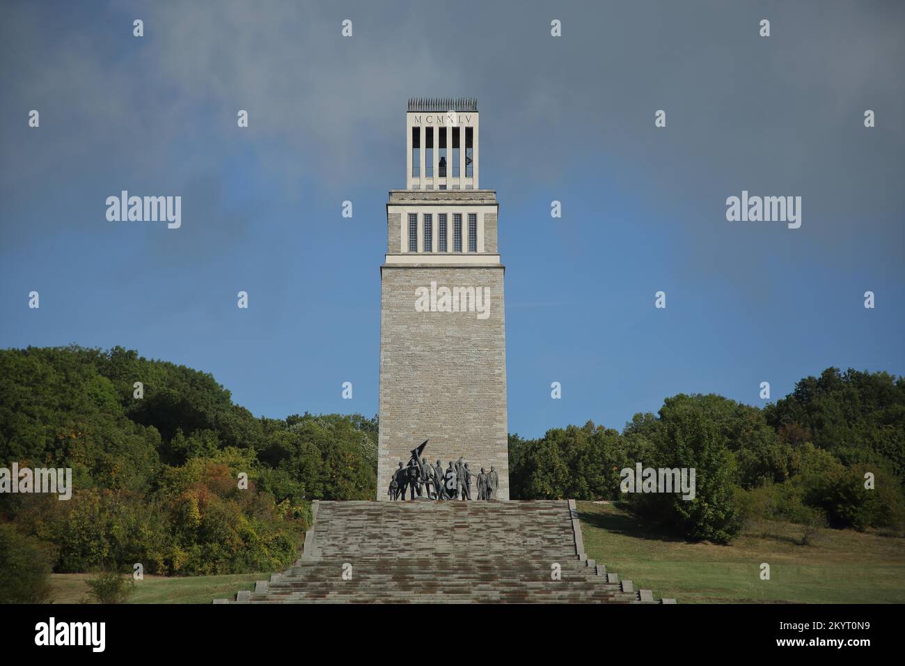 Bell tower and memorial to the Nazi era and concentration camp, beech ...